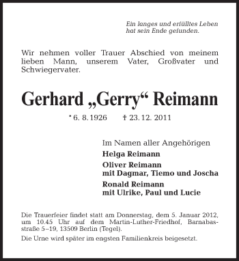 Traueranzeigen von Gerhard Reimann | Tagesspiegel Trauer