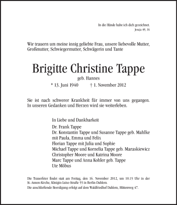 Traueranzeigen von Brigitte Christine Tappe | Tagesspiegel Trauer