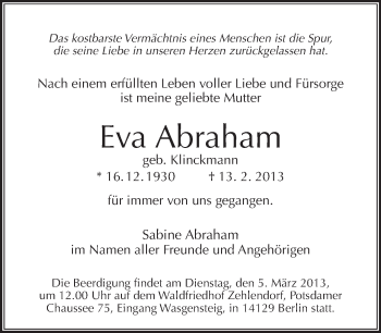 Traueranzeigen von Eva Abraham | Tagesspiegel Trauer