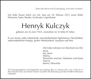 Traueranzeigen von Henryk Kulczyk | Tagesspiegel Trauer