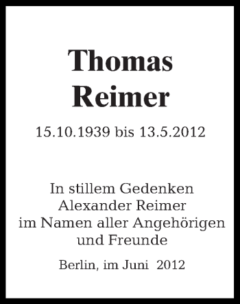 Traueranzeigen von Thomas Reimer | Tagesspiegel Trauer