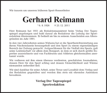 Traueranzeigen von Gerhard Reimann | Tagesspiegel Trauer