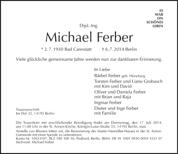 Traueranzeigen von Michael Ferber | Tagesspiegel Trauer
