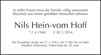 Traueranzeigen von Nils Hein-vom Hoff | Tagesspiegel Trauer