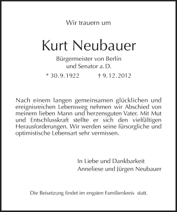 Traueranzeigen von Kurt Neubauer | Tagesspiegel Trauer