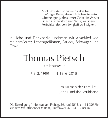 Traueranzeigen von Thomas Pietsch | Tagesspiegel Trauer