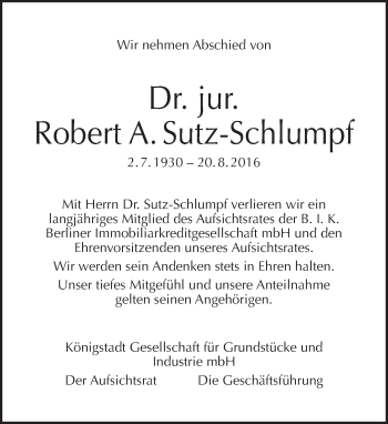 Traueranzeigen von Robert A. Sutz-Schlumpf | Tagesspiegel Trauer