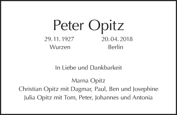 Traueranzeigen von Peter Opitz | Tagesspiegel Trauer