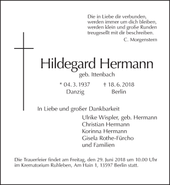 Traueranzeigen von Hildegard Hermann | Tagesspiegel Trauer