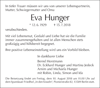 Traueranzeigen von Eva Hunger | Tagesspiegel Trauer