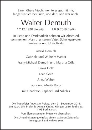 Traueranzeigen von Walter Demuth | Tagesspiegel Trauer