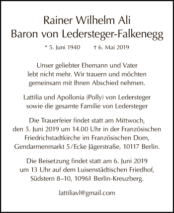 Traueranzeigen von Rainer Wilhelm Ali Baron von Ledersteger-Falkenegg ...