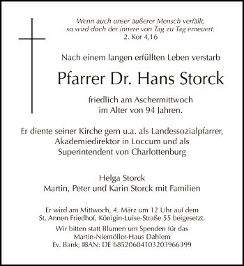Traueranzeigen von Hans Storck | Tagesspiegel Trauer