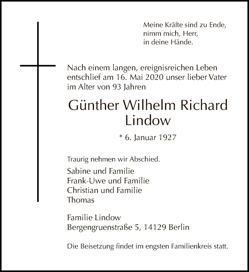 Traueranzeigen von Günther Wilhelm Richard Lindow | Tagesspiegel Trauer