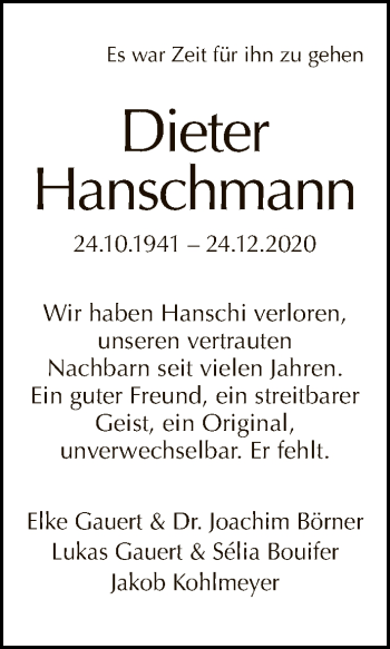 Traueranzeigen von Dieter Hanschmann | Tagesspiegel Trauer