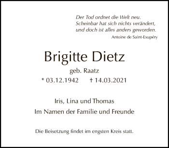 Traueranzeigen von Brigitte Dietz | Tagesspiegel Trauer