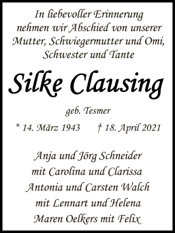 Traueranzeigen von Silke Clausing | Tagesspiegel Trauer