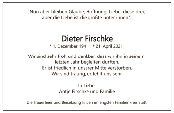 Traueranzeigen von Dieter Firschke | Tagesspiegel Trauer