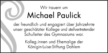 Traueranzeigen von Michael Paulick | Tagesspiegel Trauer