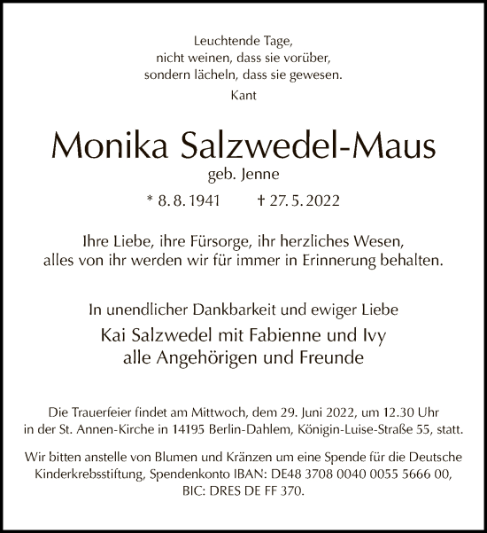 Traueranzeigen von Monika Salzwedel-Maus | Tagesspiegel Trauer