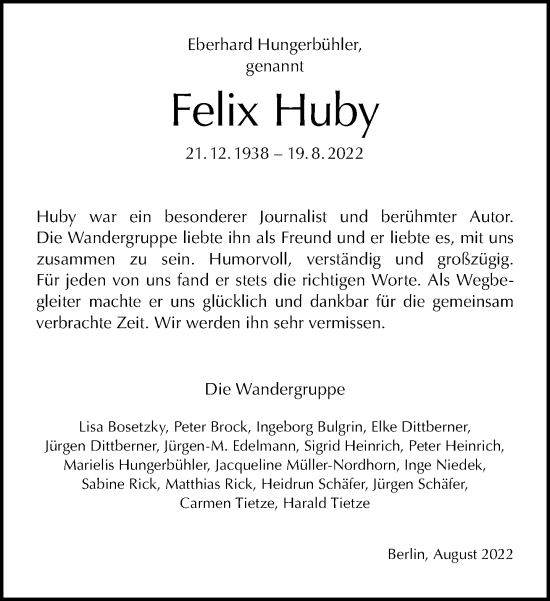 Traueranzeigen von Felix Huby | Tagesspiegel Trauer