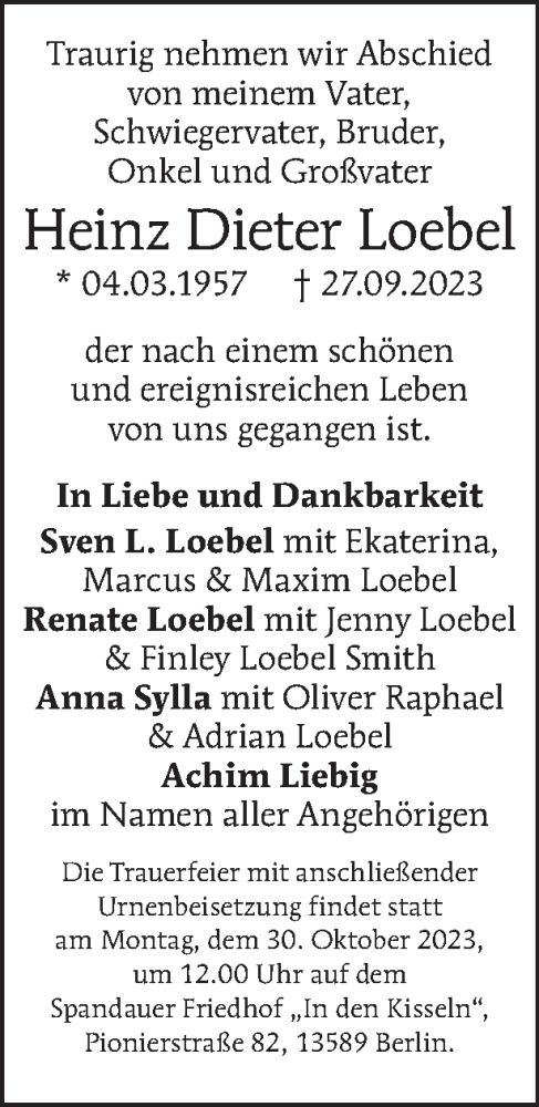 Traueranzeigen von Heinz Dieter Loebel | Tagesspiegel Trauer
