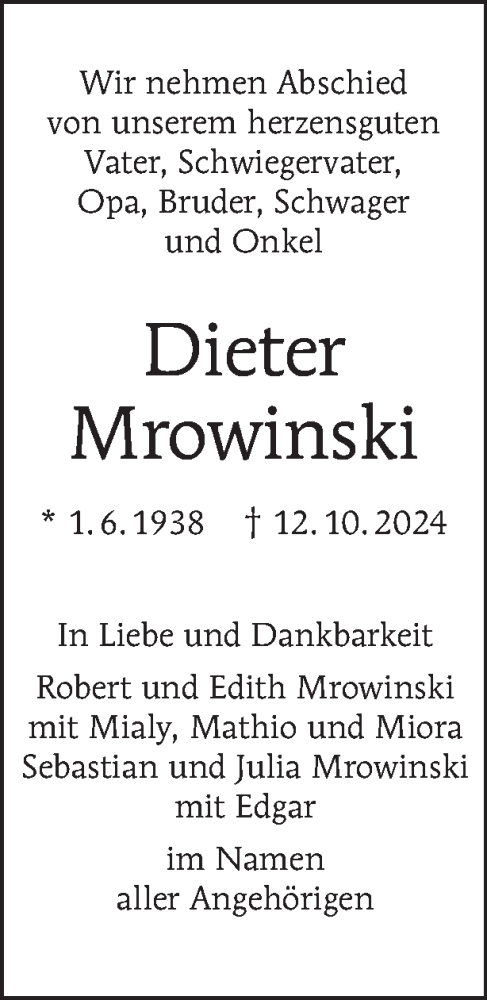 Traueranzeigen von Dieter Mrowinski | Tagesspiegel Trauer