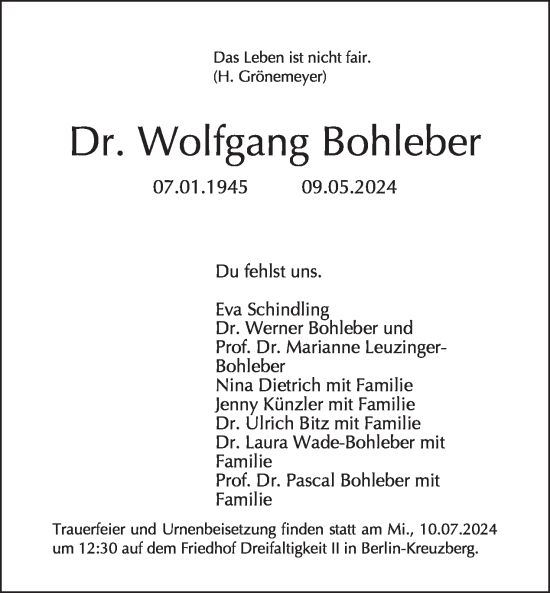 Traueranzeigen von Wolfgang Bohleber | Tagesspiegel Trauer